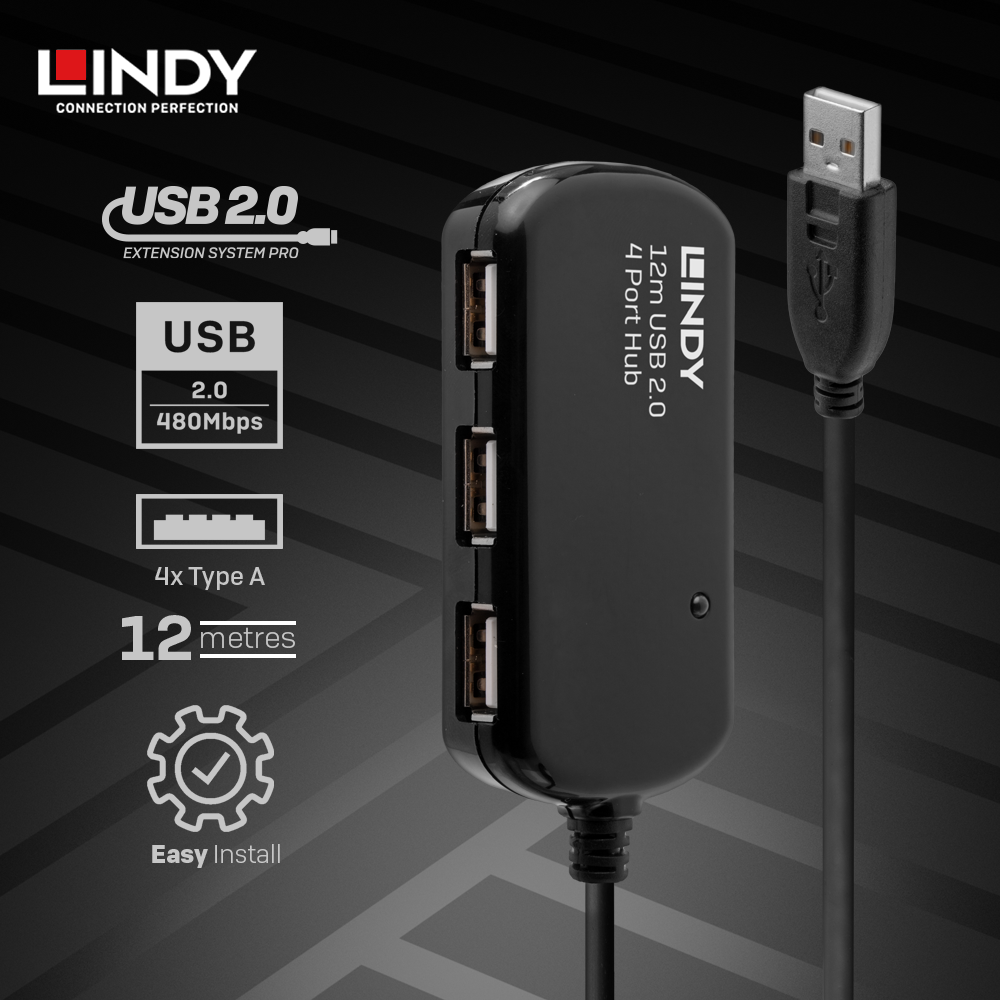 KABEL EXTENSION USB 2.0, TYPE A TO HUB, 4 PORT, AKTIF, 12M | LINDY ...