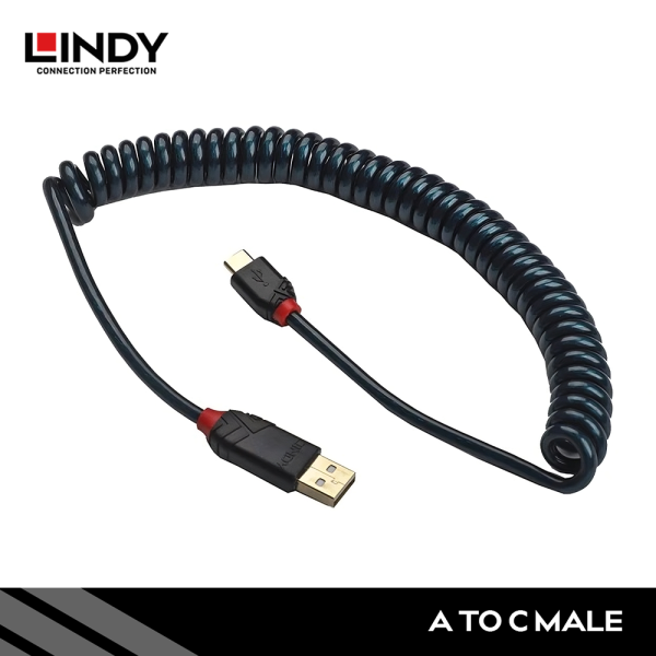 Kabel USB 2.0, Type A to Type C, Coiled, Steel Blue, 2M | LINDY INDONESIA